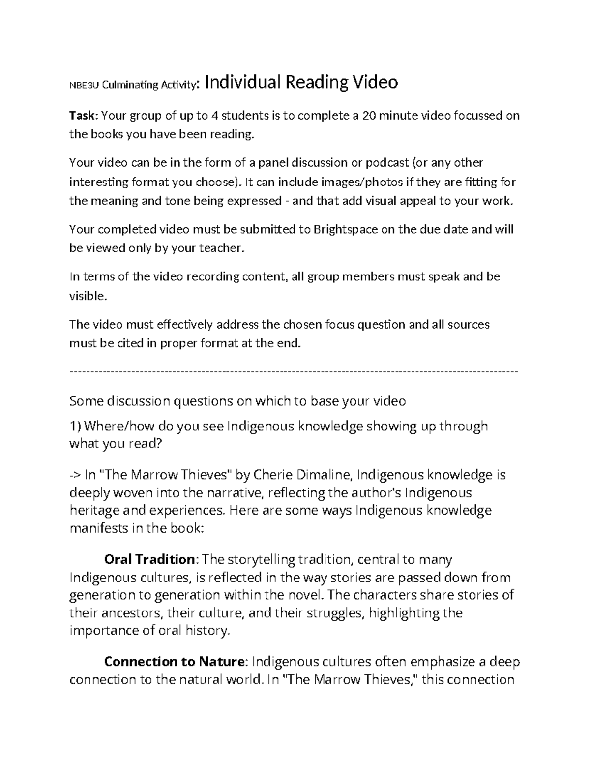 NBE3U Culminating Activity: Group Reflection on "The Marrow Thieves ...