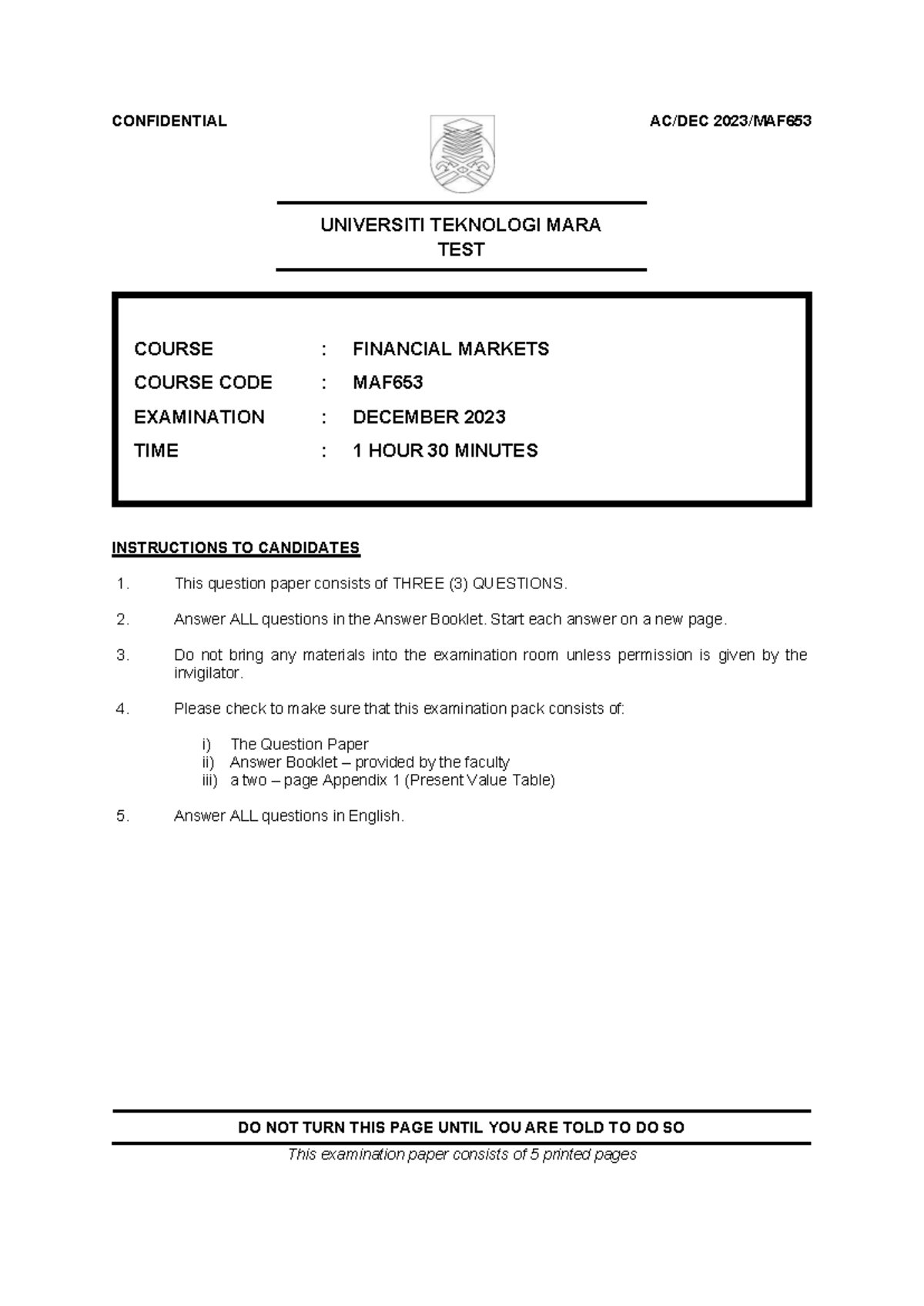MAF653 FINANCIAL MARKETS TEST DECEMBER 2023 EXAMINATION PAPER - Studocu