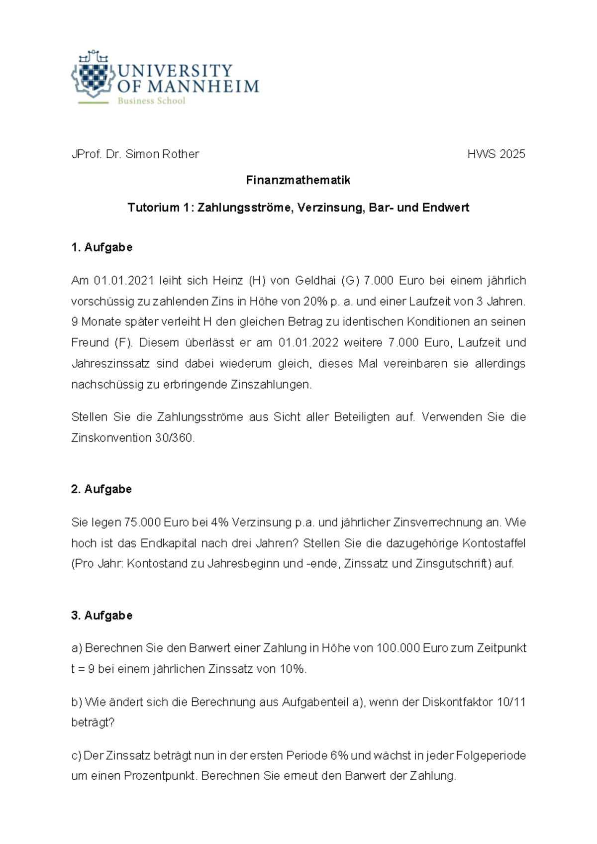 Tutorium 1: Zahlungsströme und Endwert in Finanzmathematik HWS 2025 ...