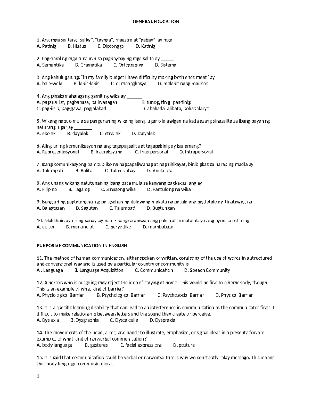 Purposive Communication - Quiz on Key Concepts and Terminologies - Studocu