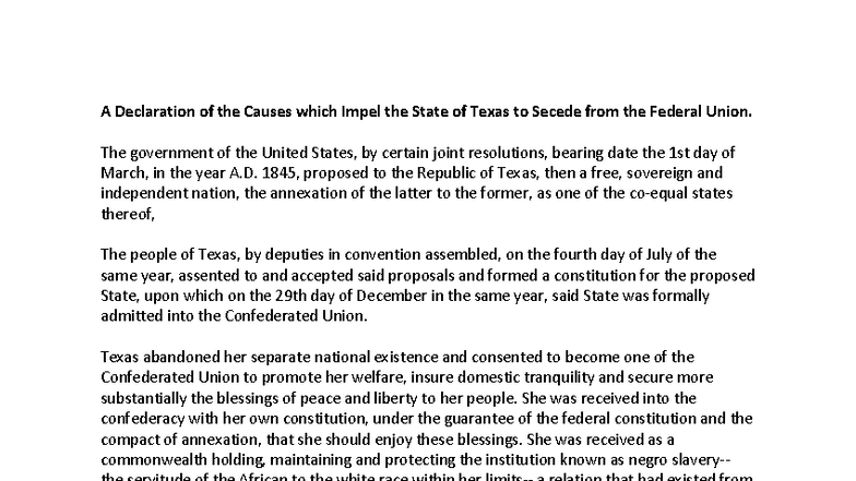 A Declaration of the Causes for Texas' Secession from the Union - Studocu
