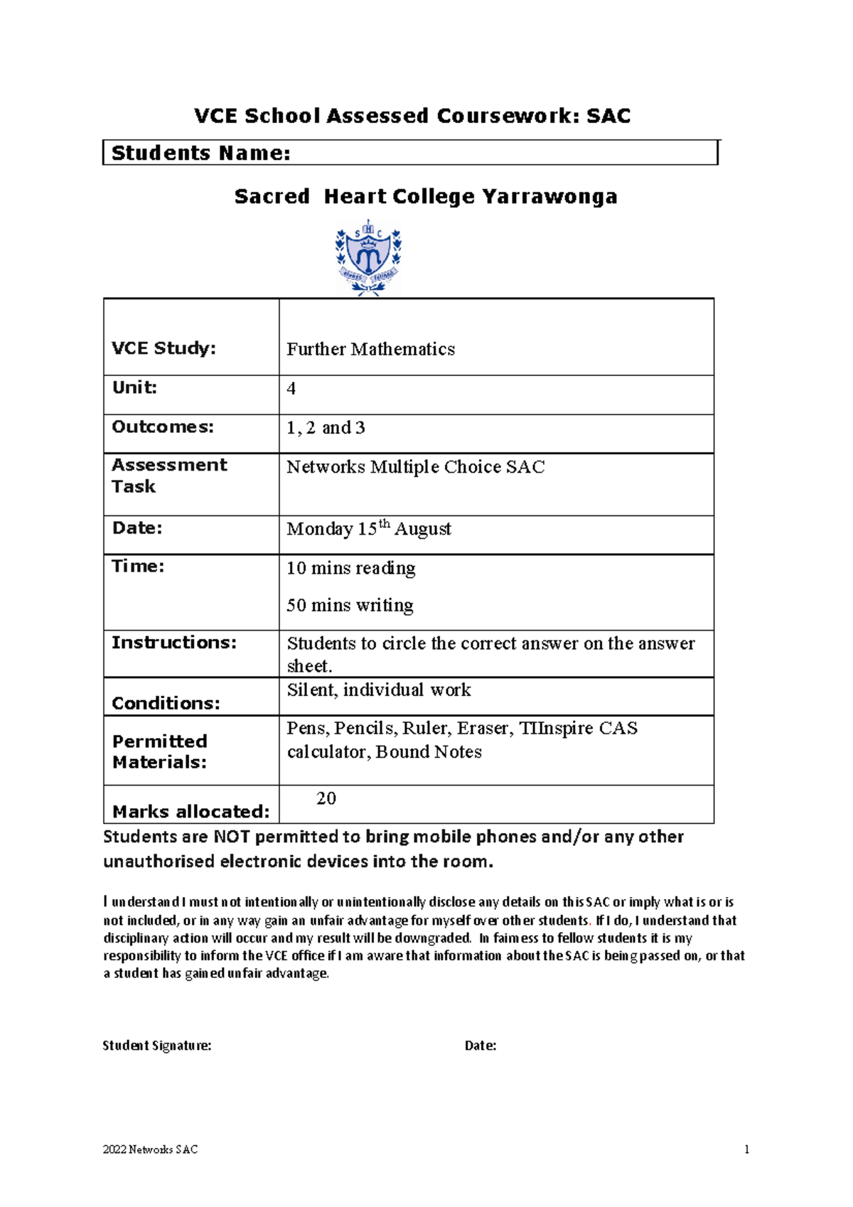 SAC Networks Assessment: Further Mathematics Unit 4 - 2022 - Studocu