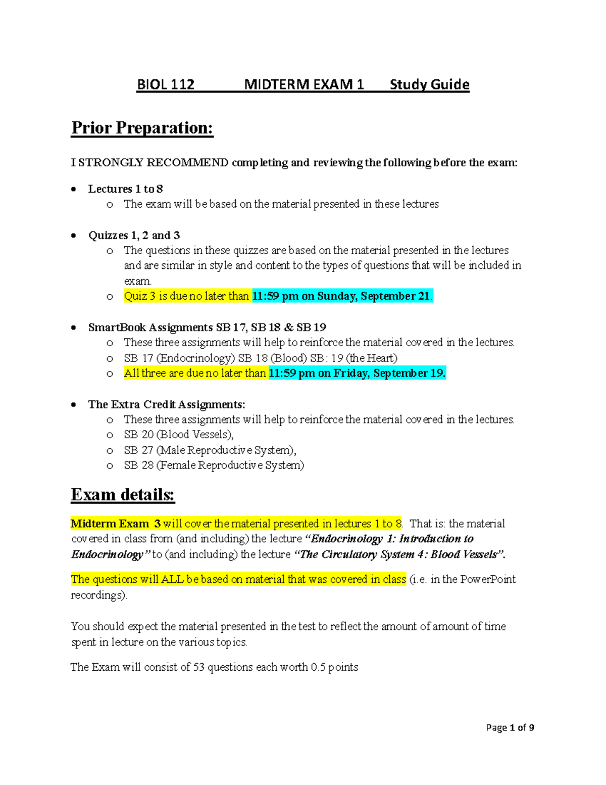 BIOL 112 Midterm Exam 1 Study Guide: Endocrine & Circulatory Systems - Studocu