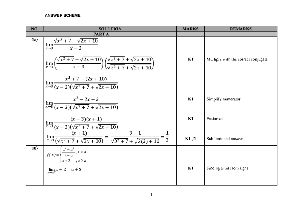 ANSWER SCHEME NO. 1a) & 1b) SOLUTIONS FOR KMKJ MATHS (A) - Studocu