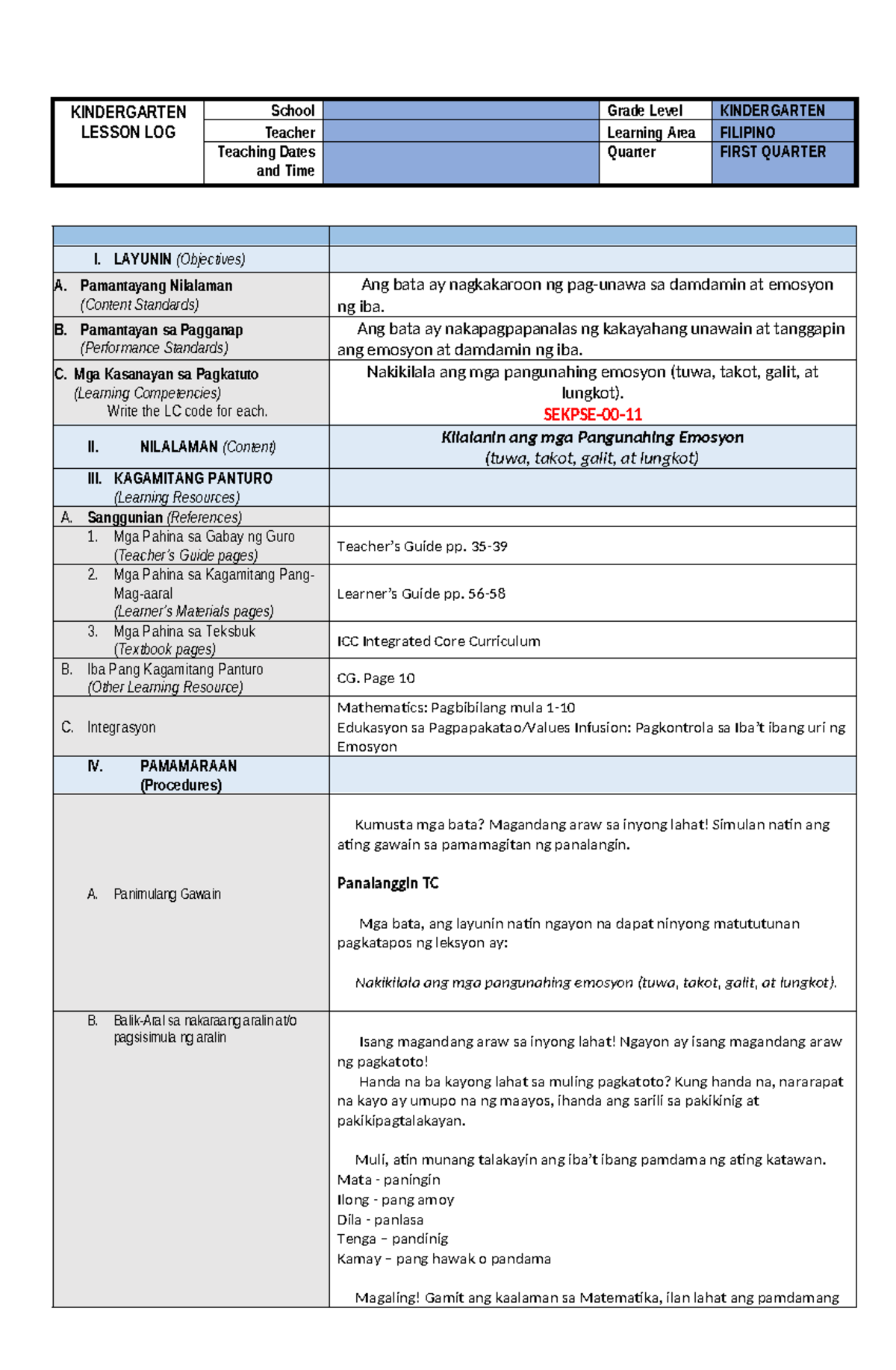 KINDERGARTEN FILIPINO LESSON LOG: Emotions and Learning Activities ...
