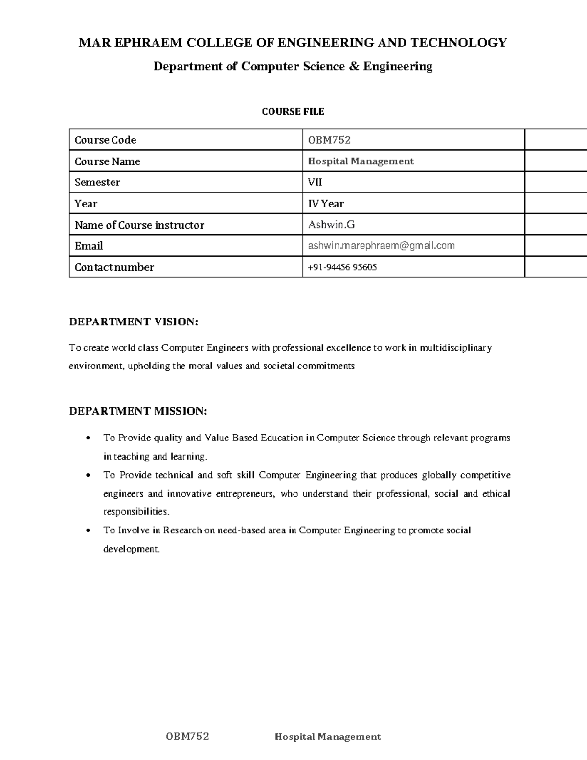 Course file- Hospital Management - Department of Computer Science ...