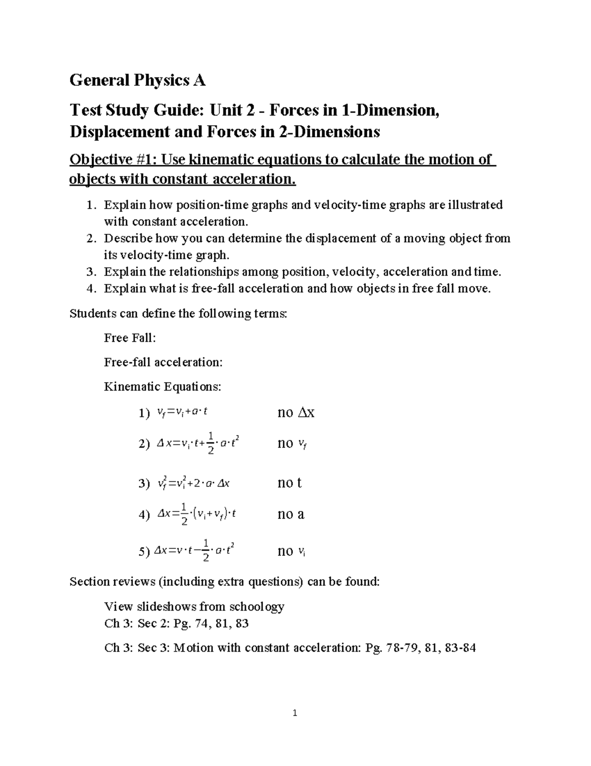 Physics A - Unit 2 Study Guide: Forces, Motion & Kinematics - Studocu