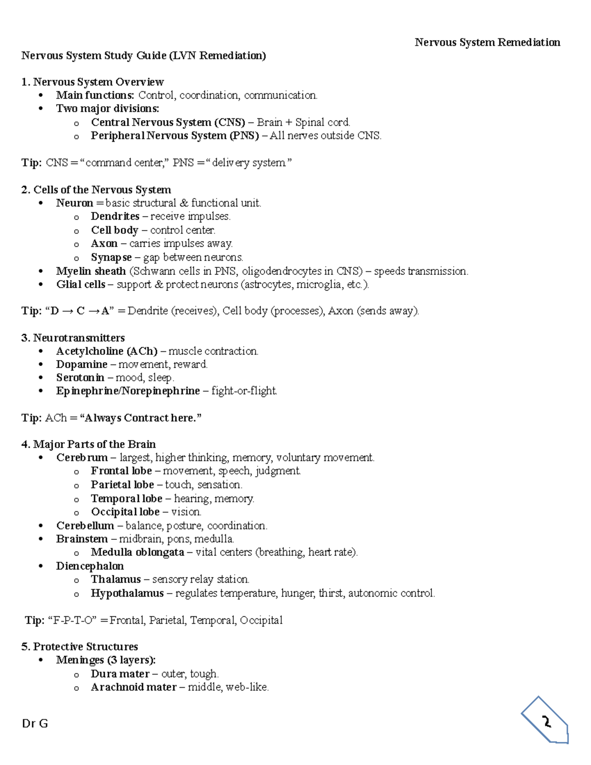 Nervous System Study Guide for LVN Remediation Exam - Studocu