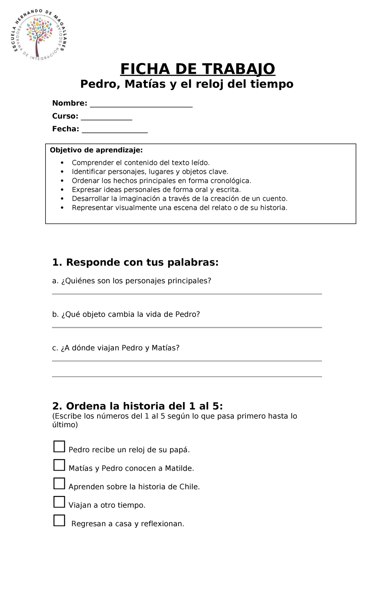 Ficha de Trabajo: Pedro, Matías y el Reloj del Tiempo - Actividades ...