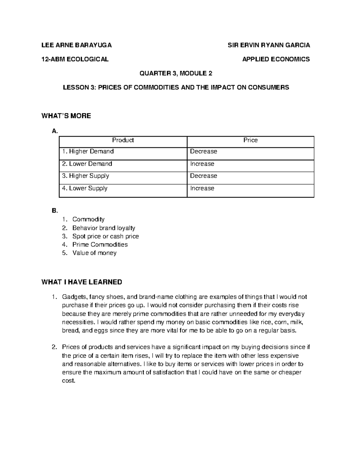 Applied Economics 12-ABM Lesson 3: Commodity Prices & Consumer Impact ...