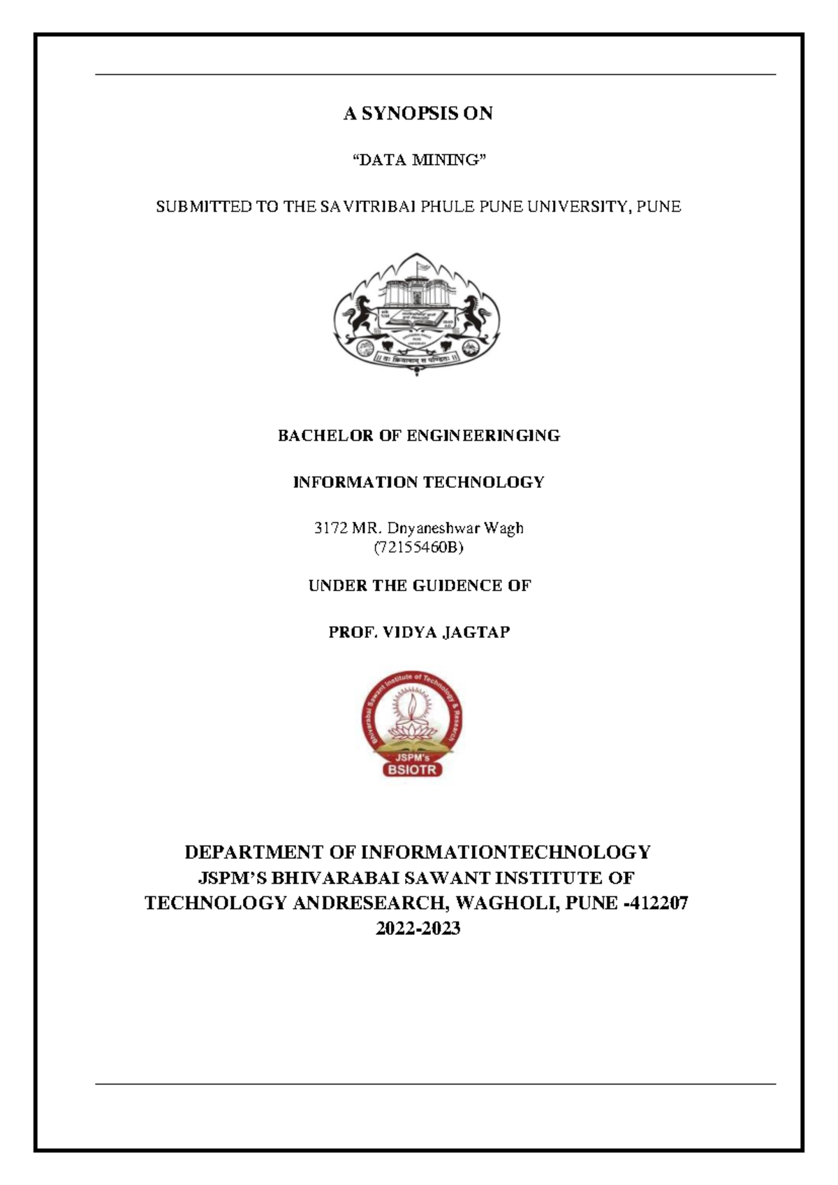 Synopsis - seminar report - A SYNOPSIS ON “DATA MINING” SUBMITTED TO ...