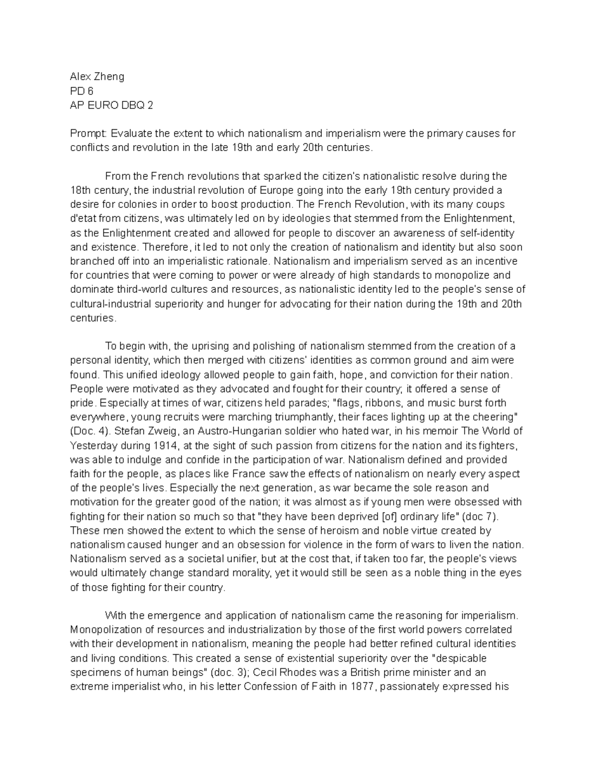 AP EURO DBQ 2 - Nationalism and Imperialism: Causes of Conflict in 19th ...