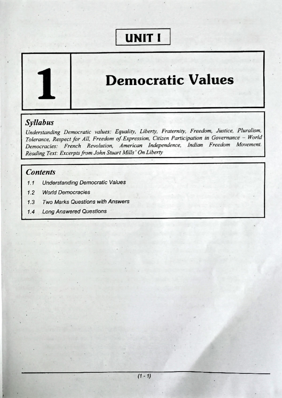 Human Values and Ethics 1 & 2 Unit - UNIT I 1 Democratic Values ...