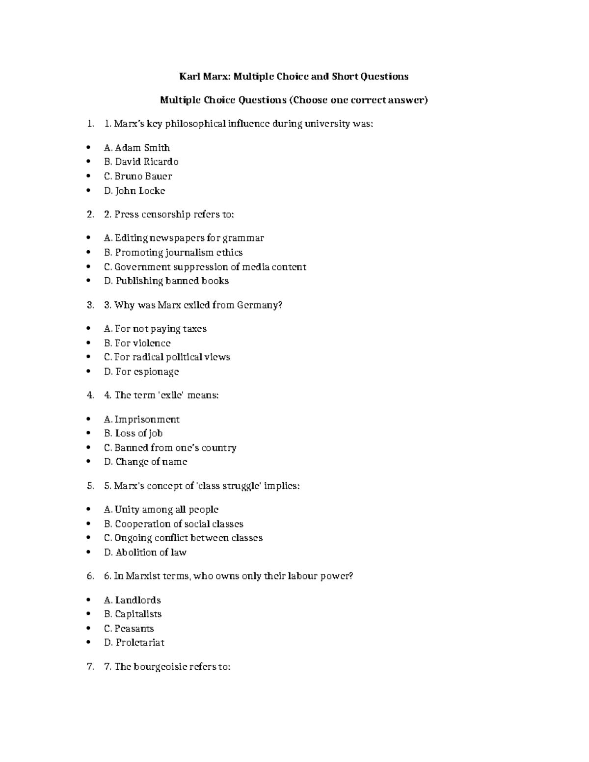 Karl Marx: MCQs & Short Questions for PHIL 101 Final Exam - Studocu