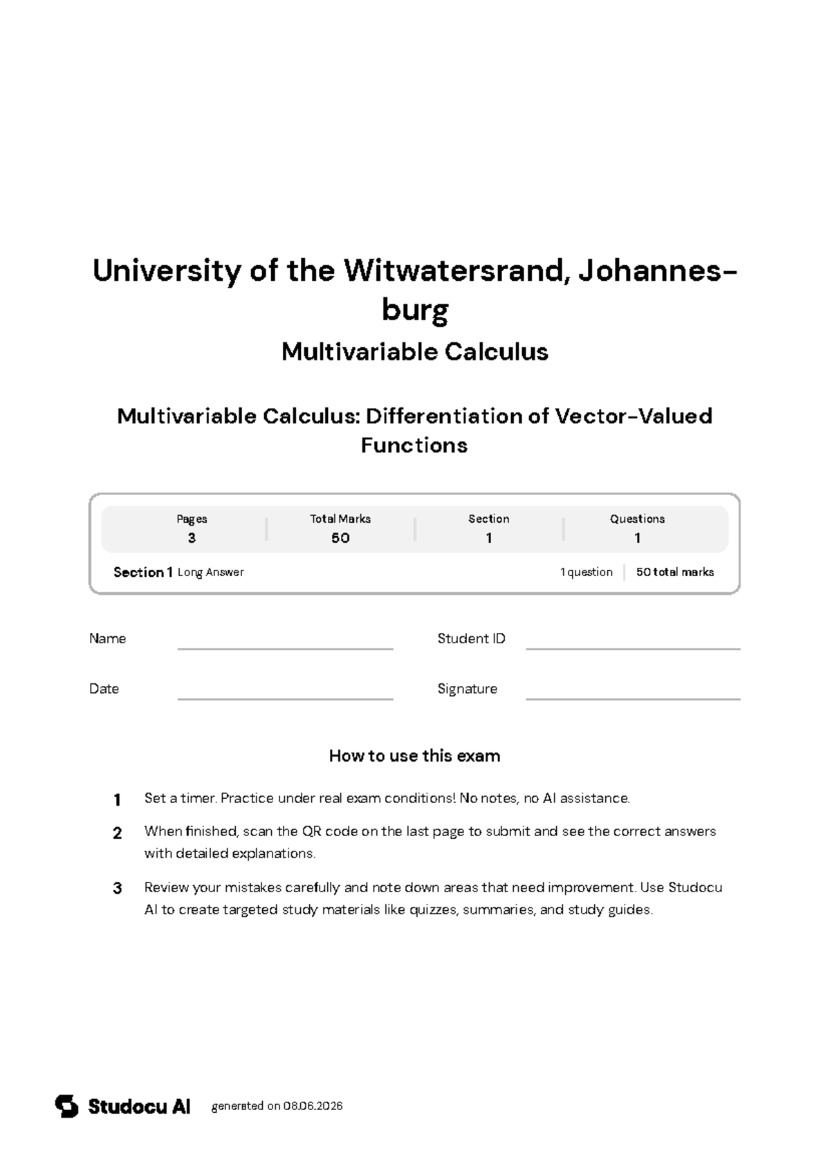 Final Exam: Multivariable Calculus on Vector Functions - Studocu