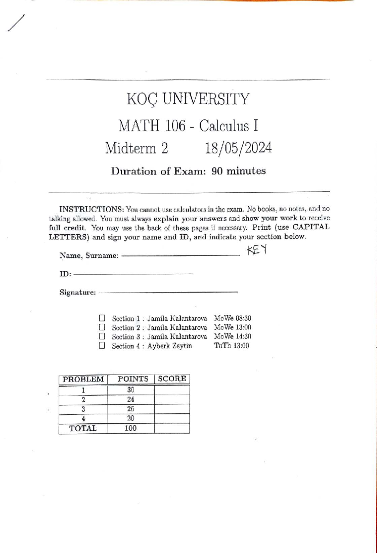MATH 106 Calculus I Midterm 2 Exam Instructions and Key - Studocu