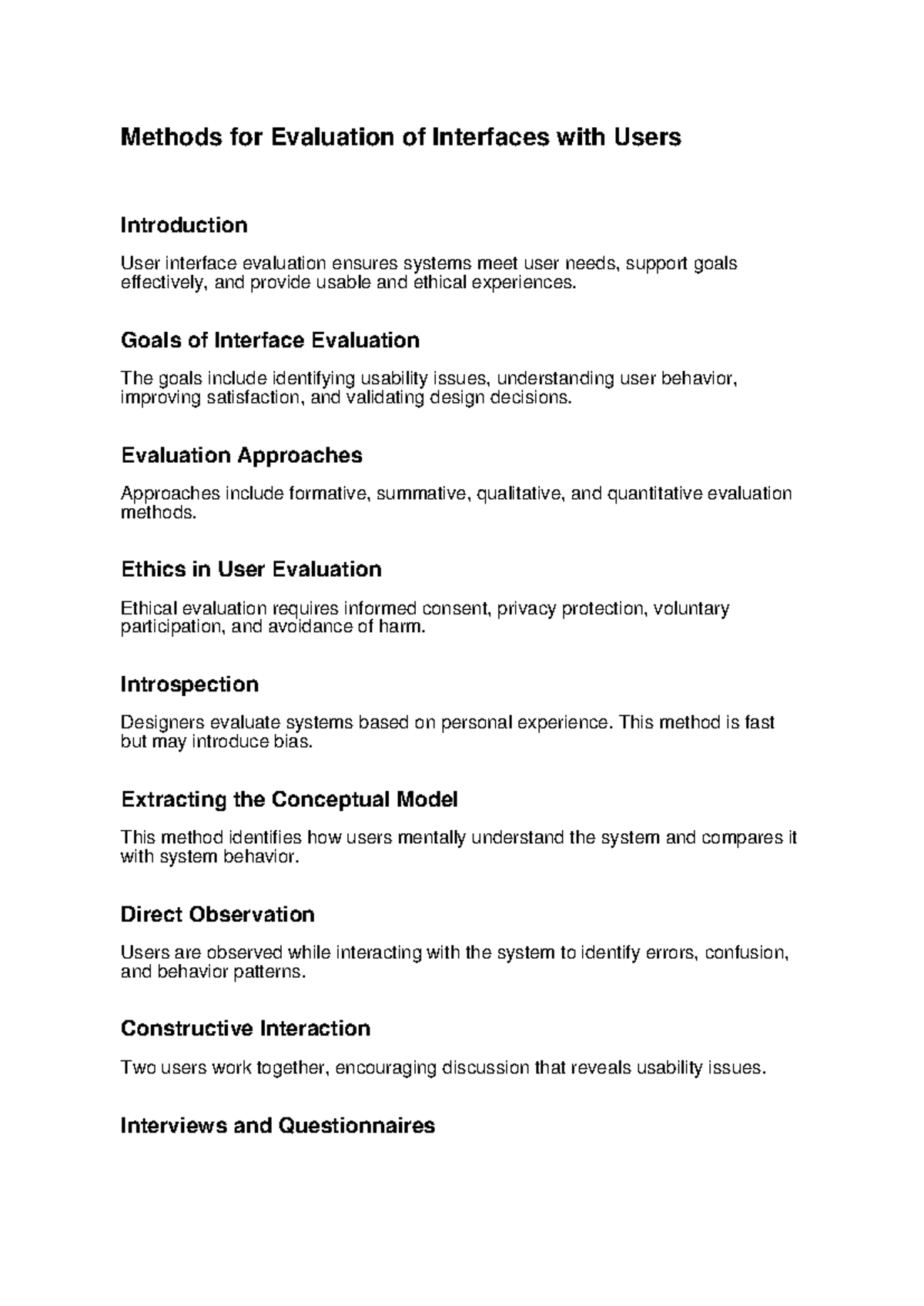 Methods for Evaluating User Interfaces: Goals & Approaches - Studocu