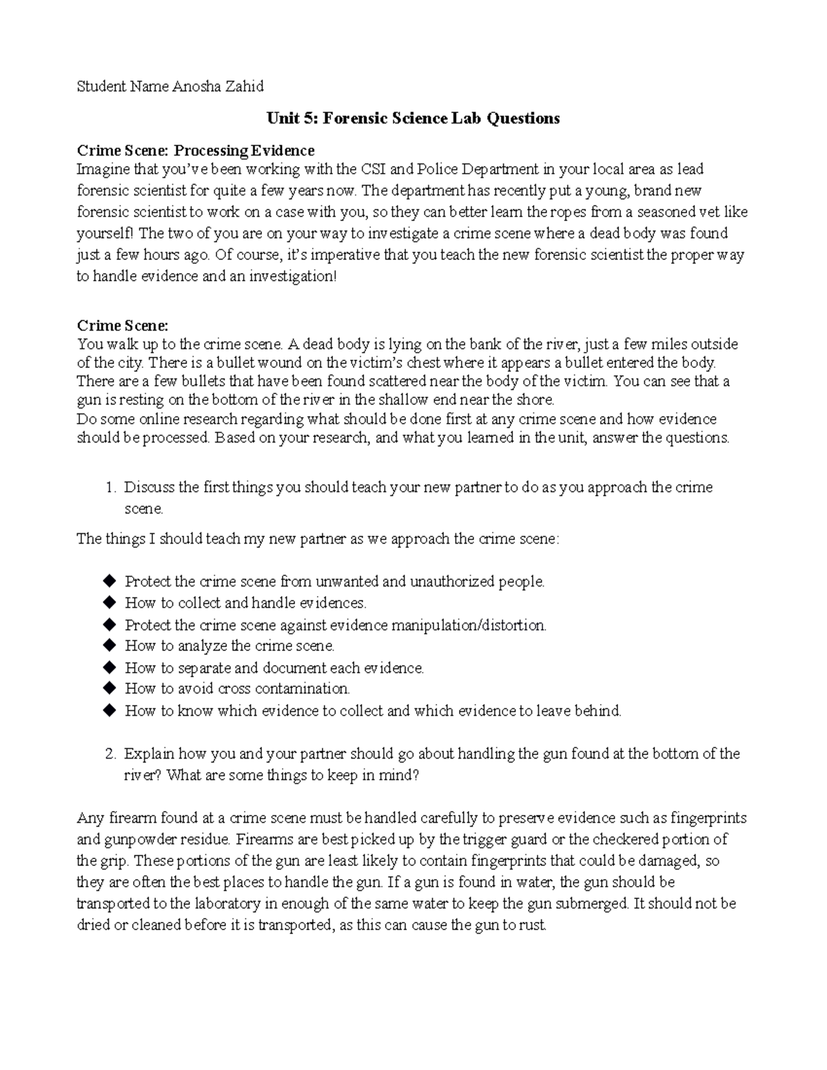 Unit 5 Forensic Science Lab Questions - Student Name Anosha Zahid Unit ...