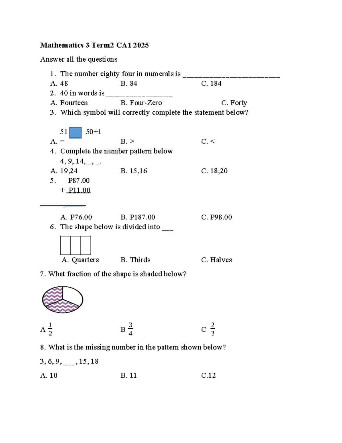 Mathematics 3 Term2 CA1 2025 Practice Questions and Answers - Studocu