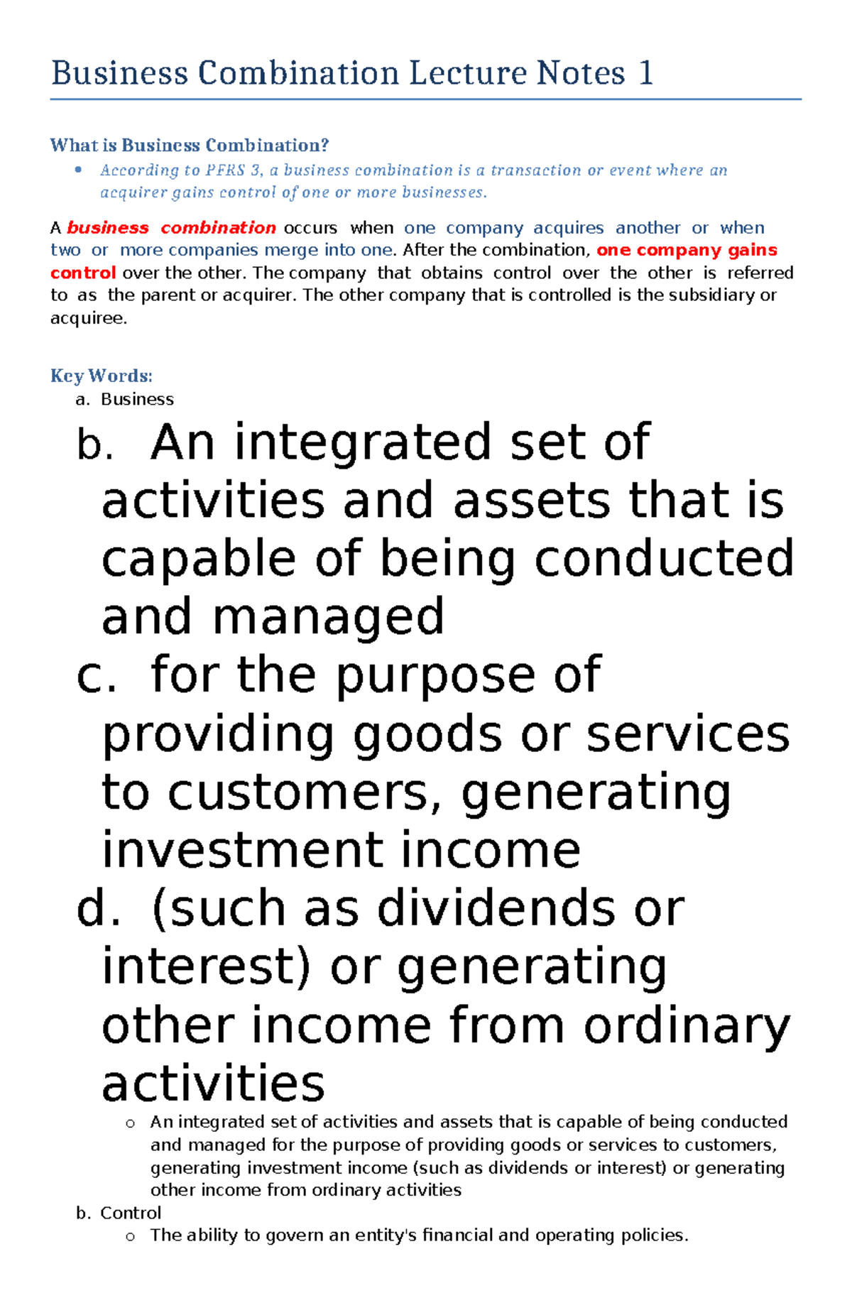 Business Combination Lecture Notes 1: Understanding PFRS 3 Concepts ...