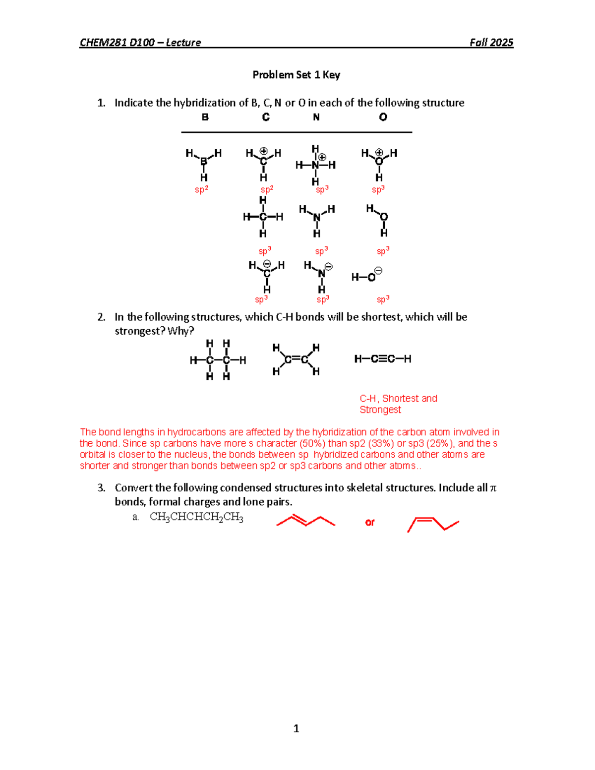 CHEM281 D100 Lecture Fall 2025 Problem Set 1 Answer Key - Studocu