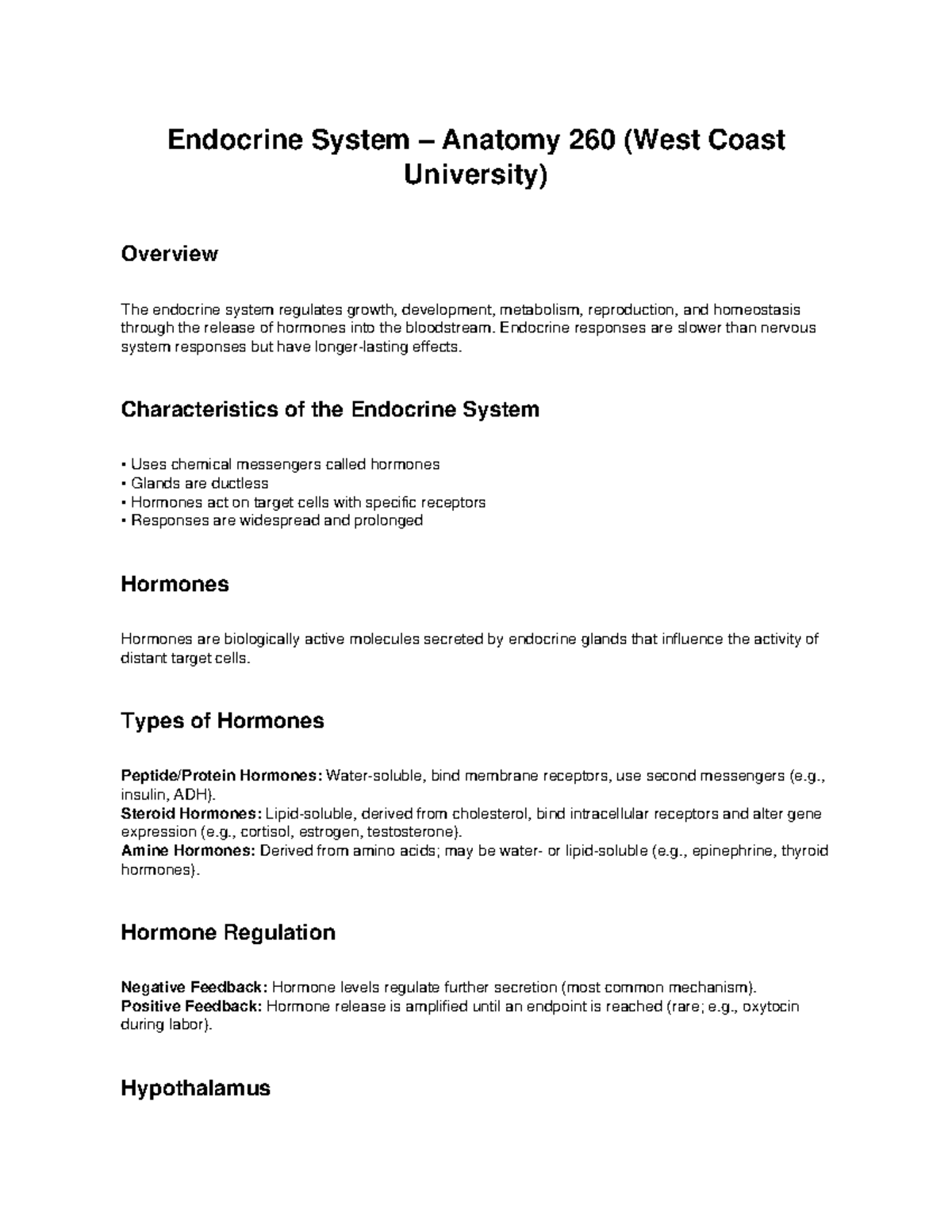 Anat 260 Endocrine System Overview and Key Concepts WCU - Studocu