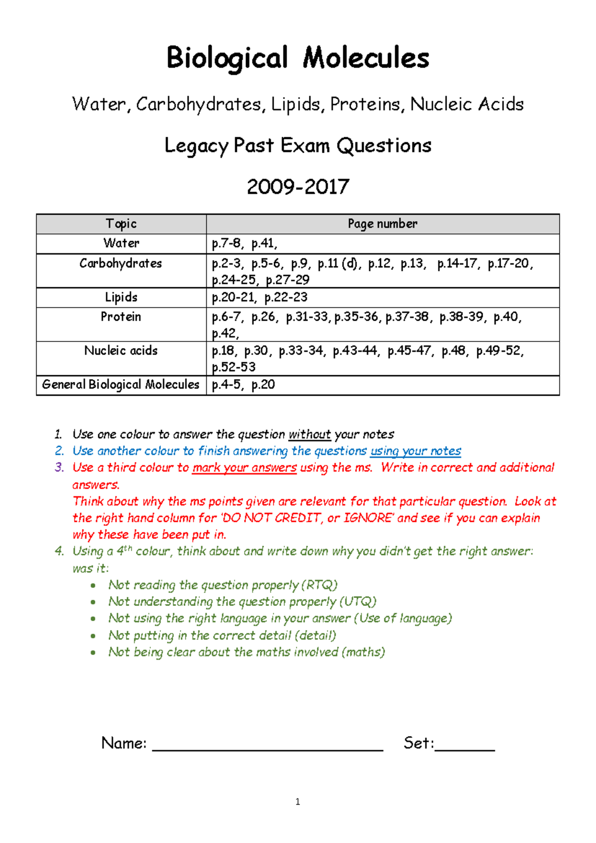 Biological Molecules Legacy Exam Questions & Marking Scheme (2-1-2 ...