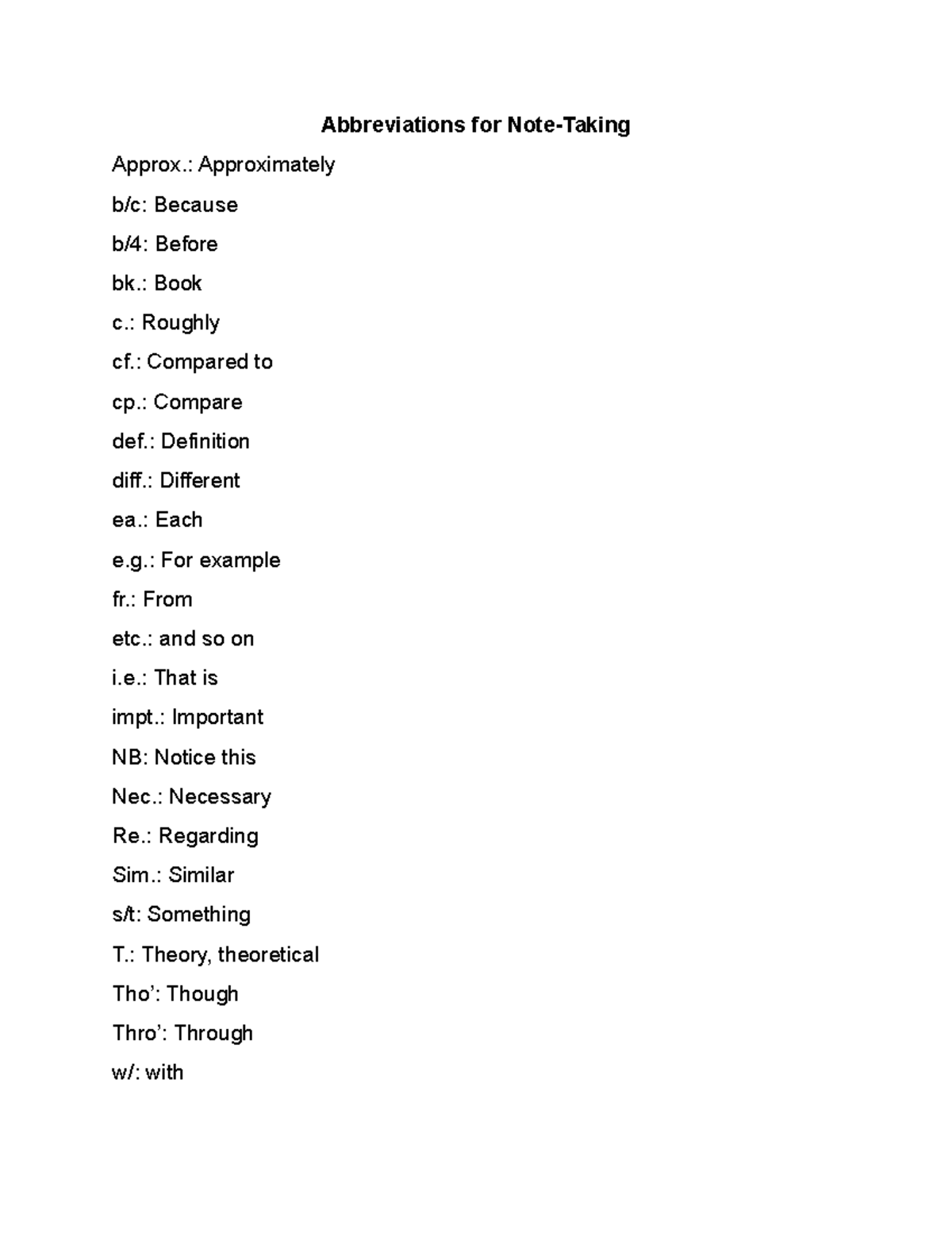 Abbreviations for Note - Abbreviations for Note-Taking Approx ...