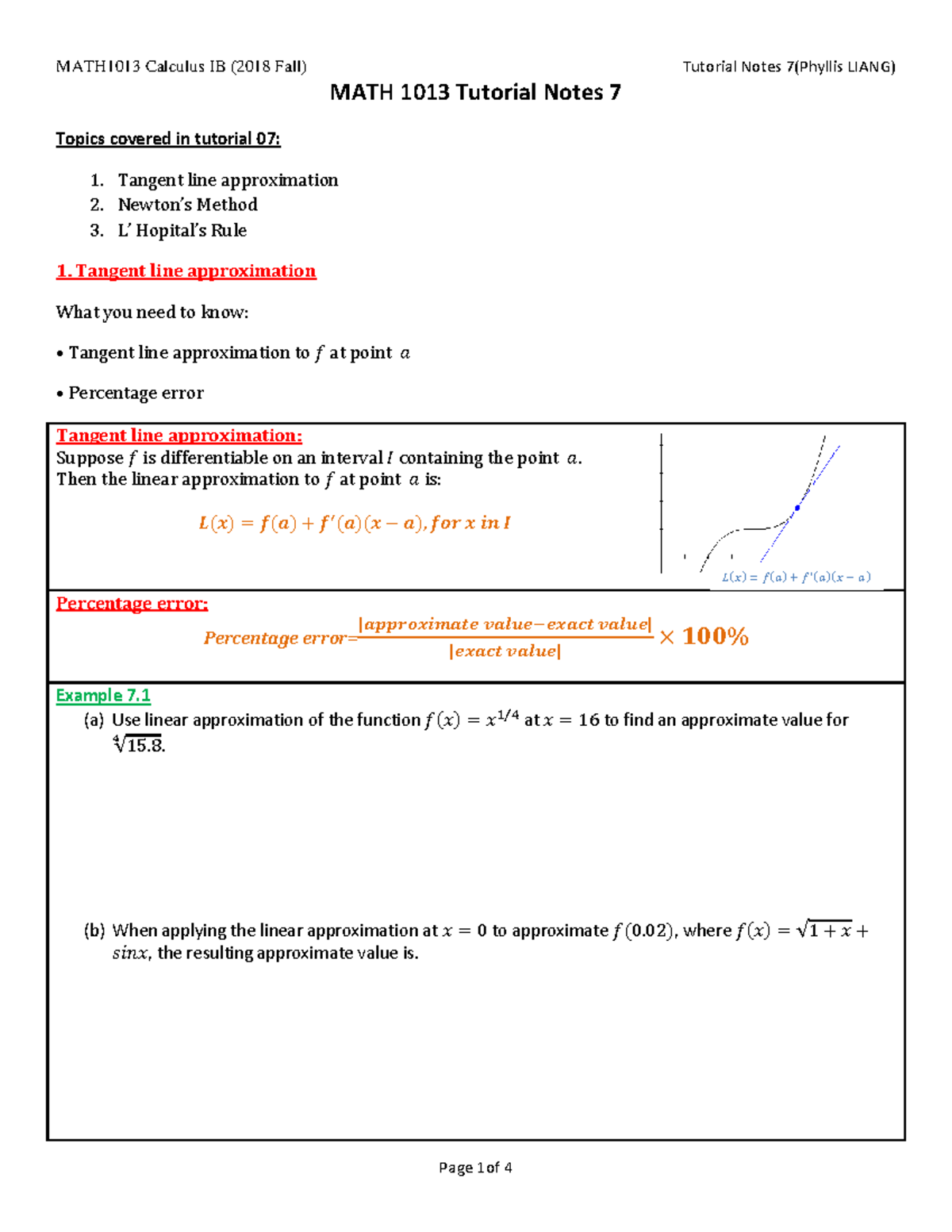 MATH1013 Tutorial Notes: Tangent Approx, Newton's Method & L'Hôpital ...