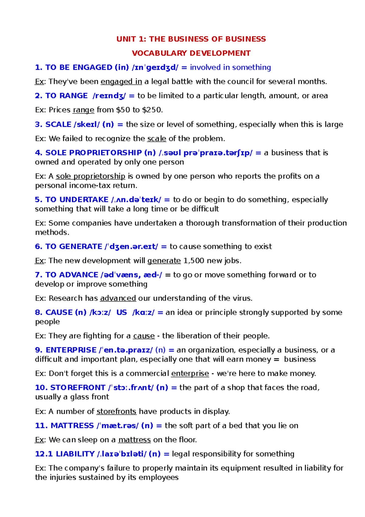 UNIT 1: BUSINESS VOCABULARY DEVELOPMENT & NEW TERMS EXPLAINED - Studocu