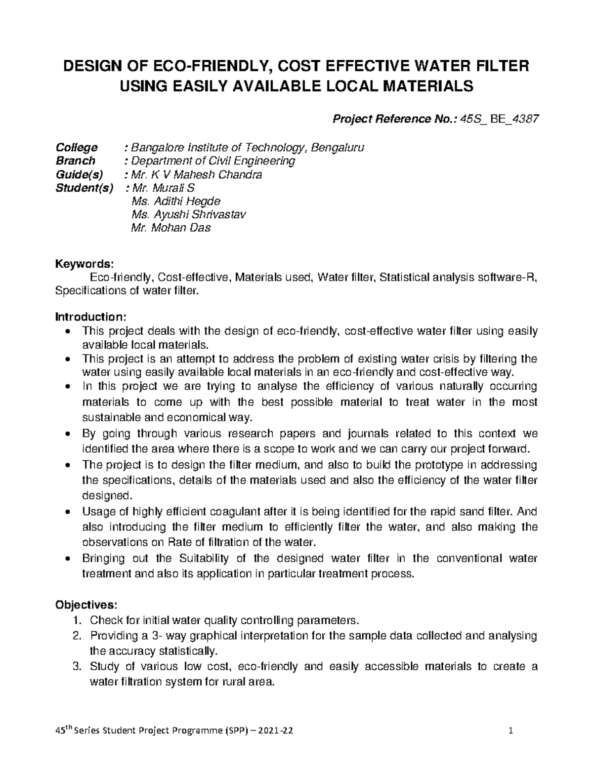 BE 4387 - Eco-Friendly, Cost-Effective Water Filter Design Project ...