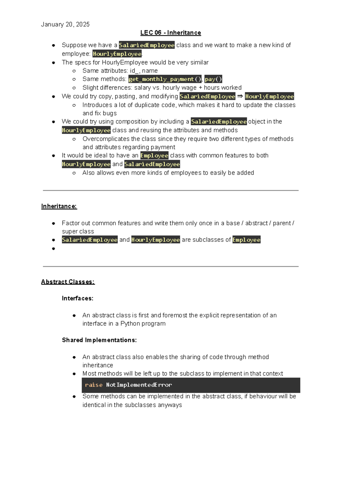 CSC148 LEC06 - Understanding Inheritance in Employee Classes - Studocu