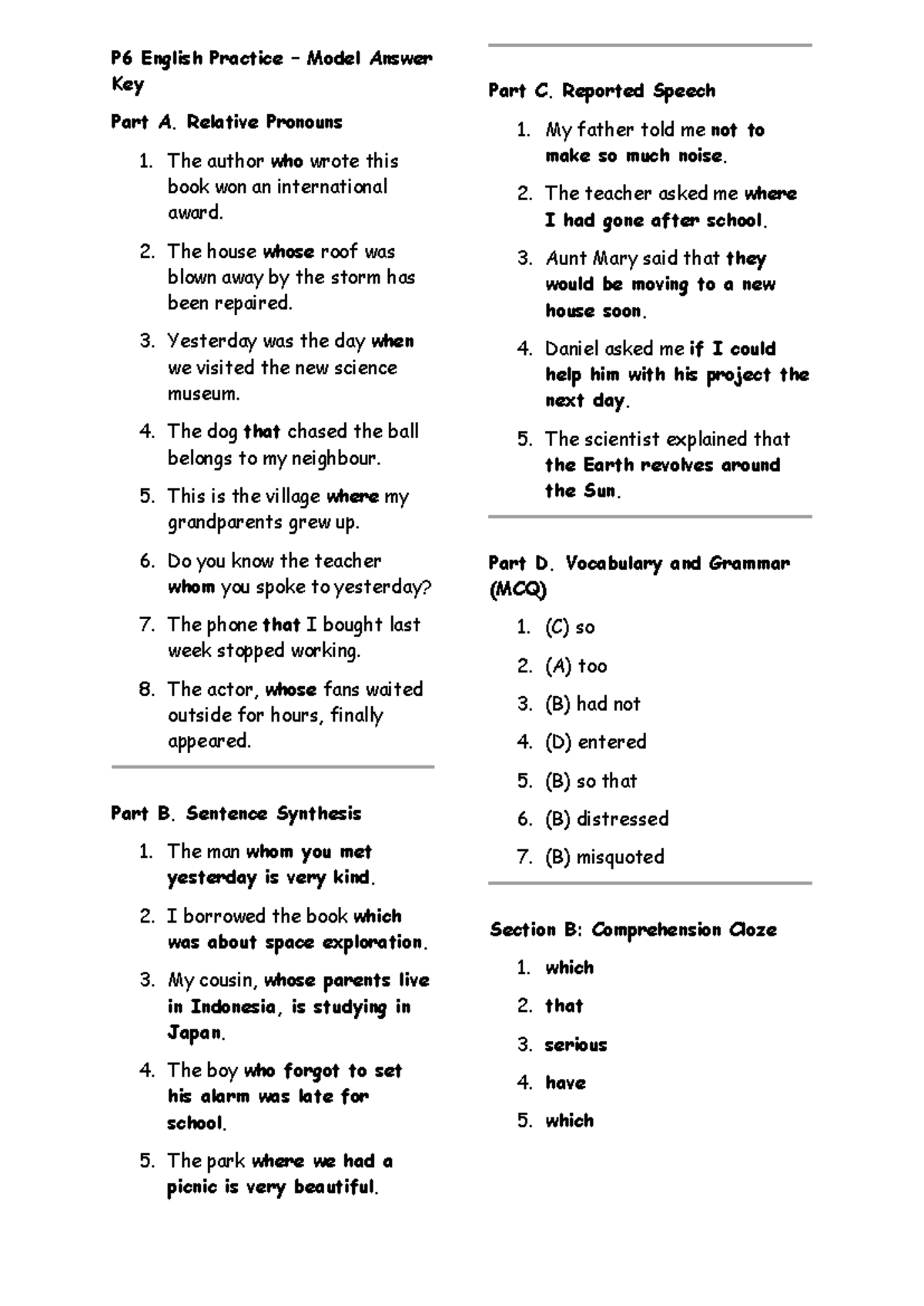 P6 English Practice Model Answer Key: Relative Pronouns & More - Studocu