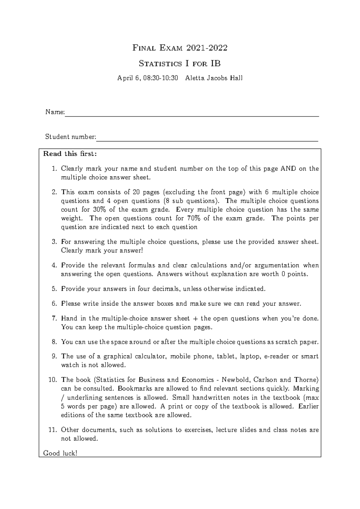Final Exam 2021: Practice Exam for Statistics I (IB Course) - Studeersnel