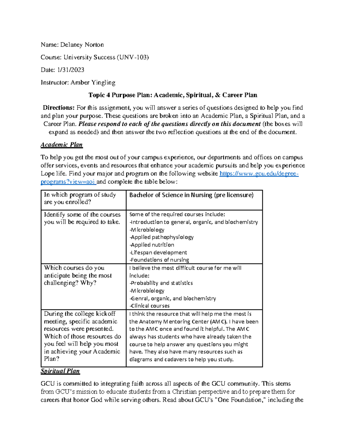 Purpose Plan, Topic 4 - Name: Delaney Norton Course: University Success ...