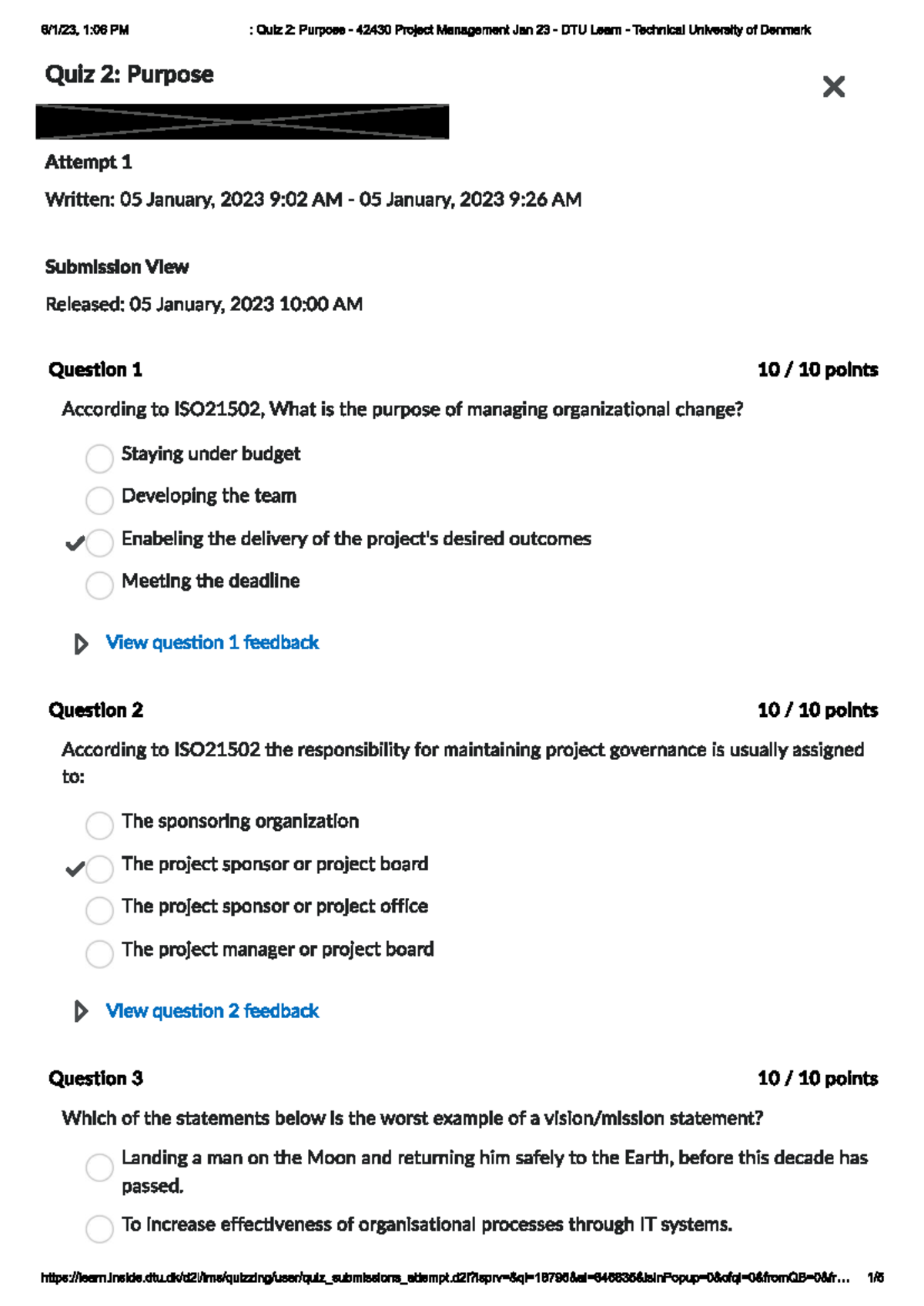 Quiz 2: Purpose - Project Management 42430 Jan 23 DTU Learn - Studocu