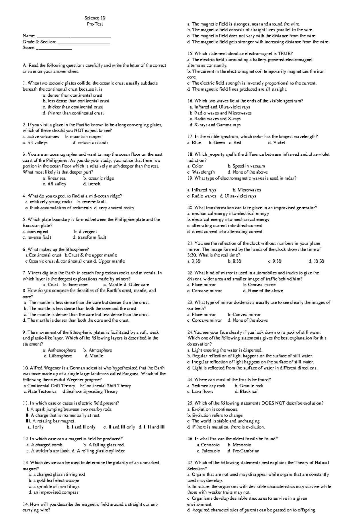 Pretest - pre-test for science 10 - Science 10 Pre-Test Name