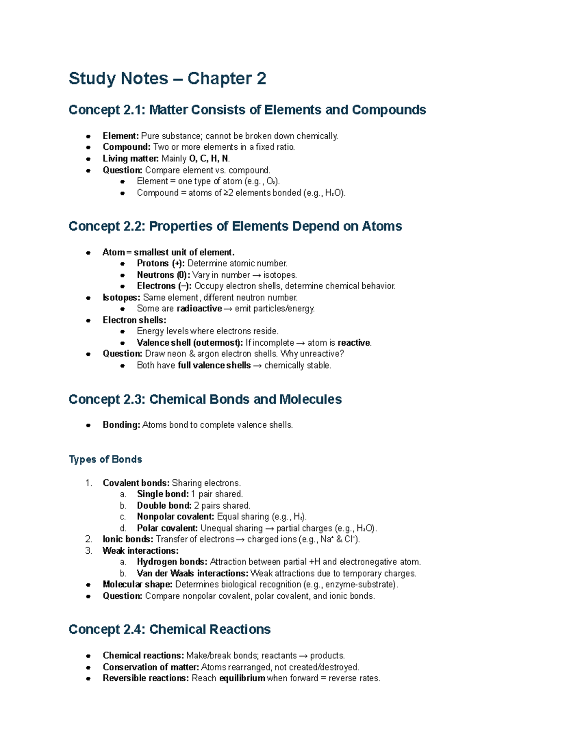 CHE 101 Study Notes: Chapter 2 - Elements, Compounds, and Bonds - Studocu