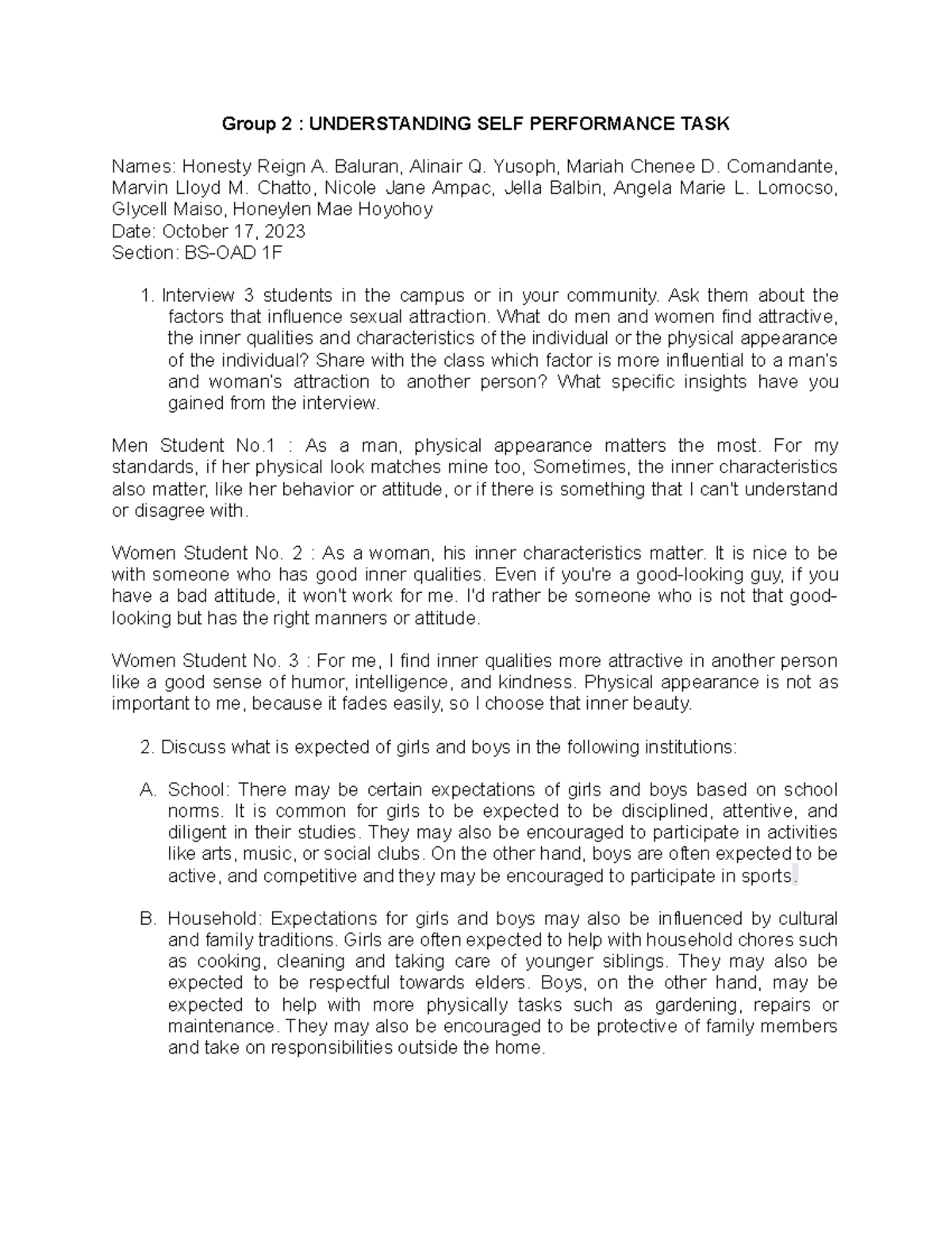 Understanding SELF Performance TASK 2 - Group 2 : UNDERSTANDING SELF ...