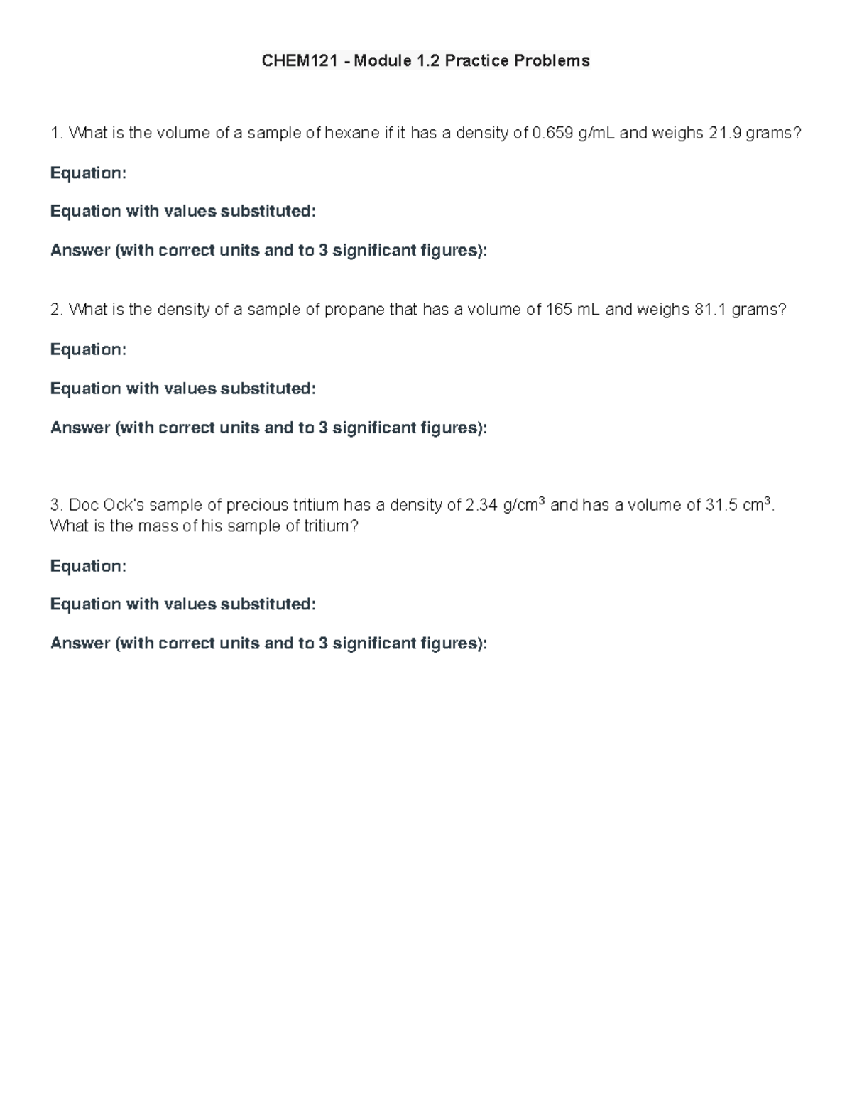 CHEM121 - Module 1.2 Density and Volume Practice Problems - Studocu