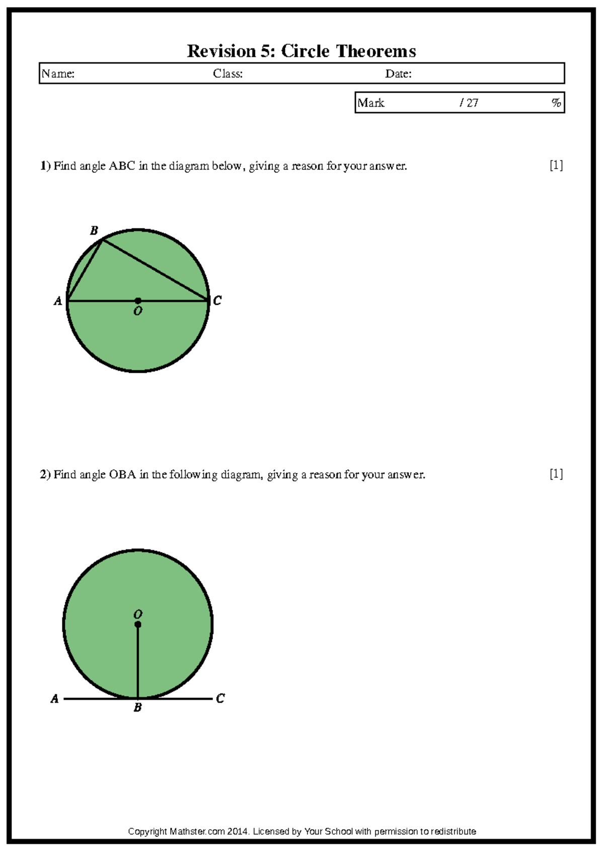 Circle Theorems with answers green circles - Mark / 27 % 1) Find angle ...
