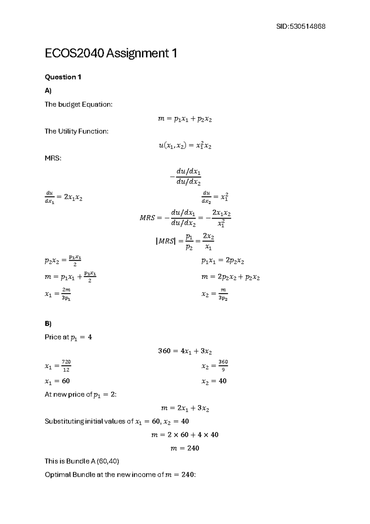 ECOS2040 Assignment 1: Budget Equation & Utility Analysis - Studocu