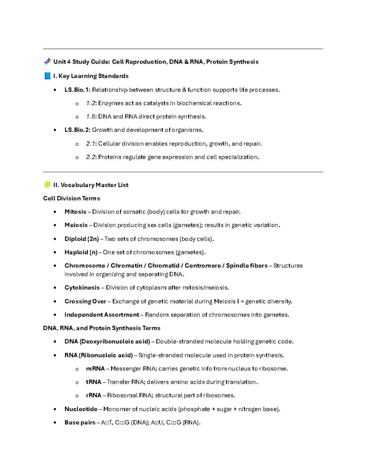 Unit 4 Study Guide: Cell Reproduction & Protein Synthesis (2312312 ...