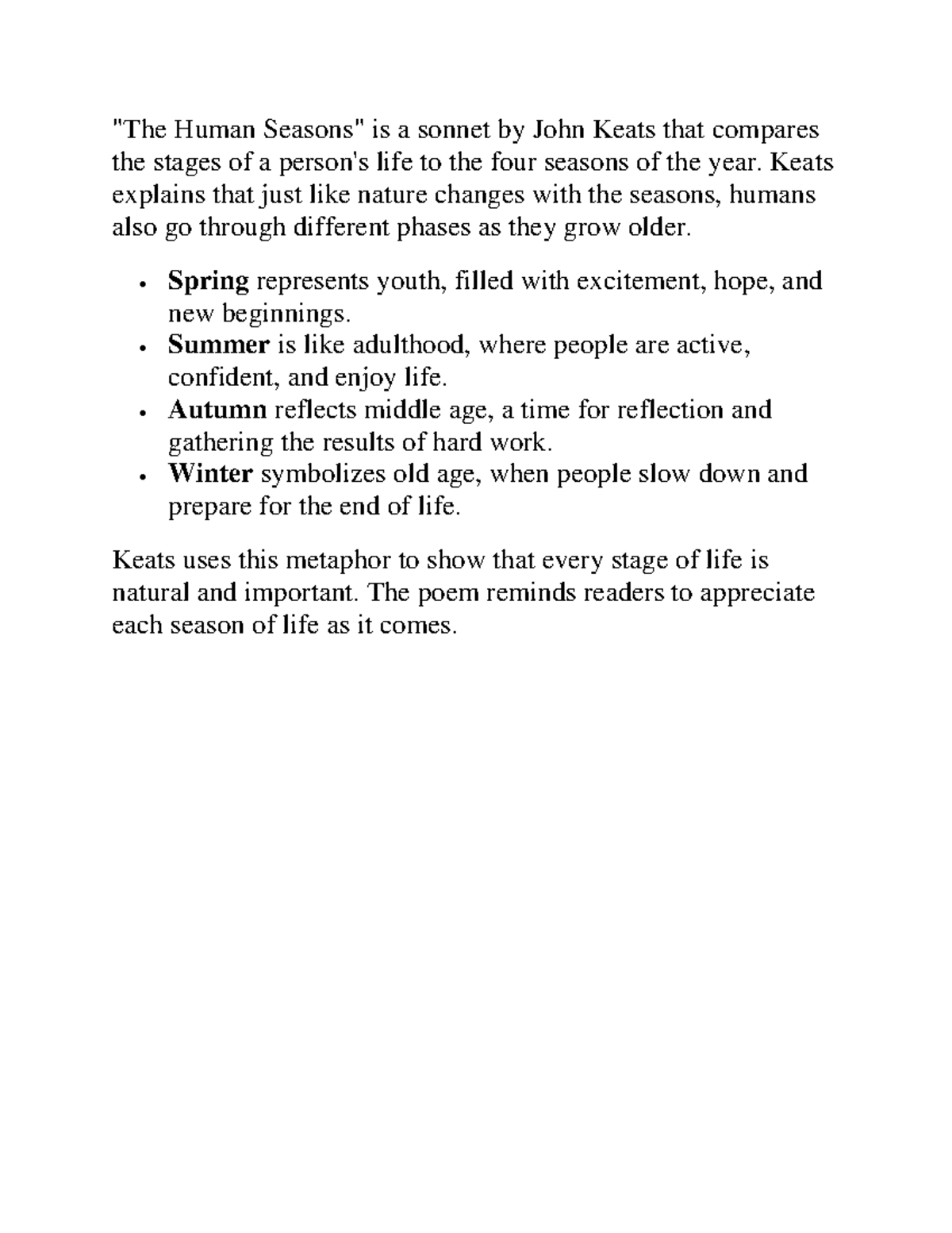 Human Seasons: A Synopsis of Life Stages - Gr. 8 Analysis - Studocu