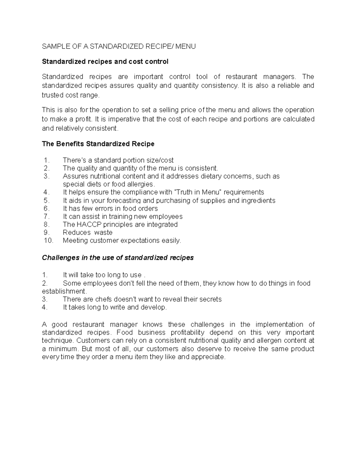 Sample of A Standardized Recipe - SAMPLE OF A STANDARDIZED RECIPE/ MENU ...
