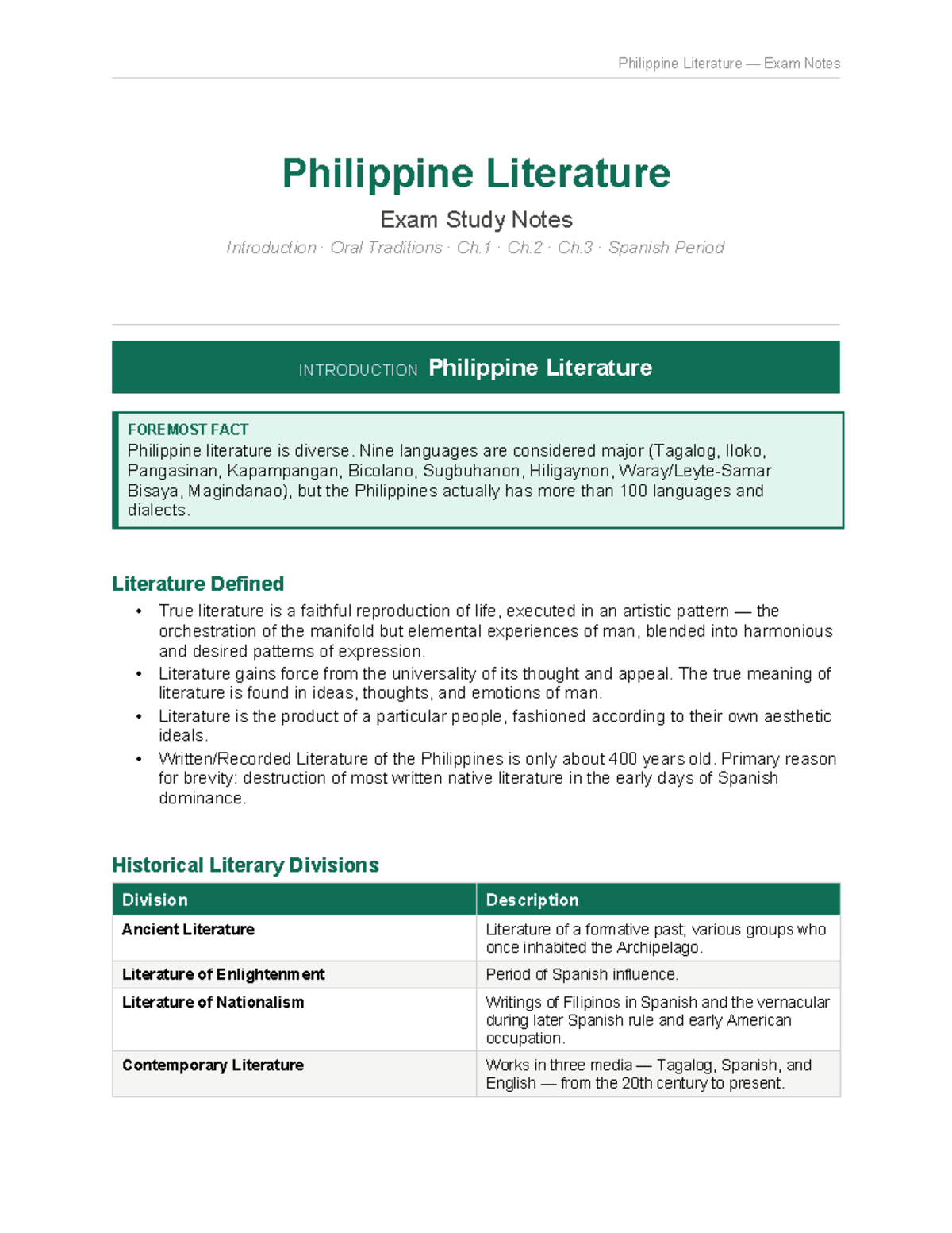 Philippine Literature Exam Notes (Phil Lit 101): Ch. 1-3 Overview - Studocu