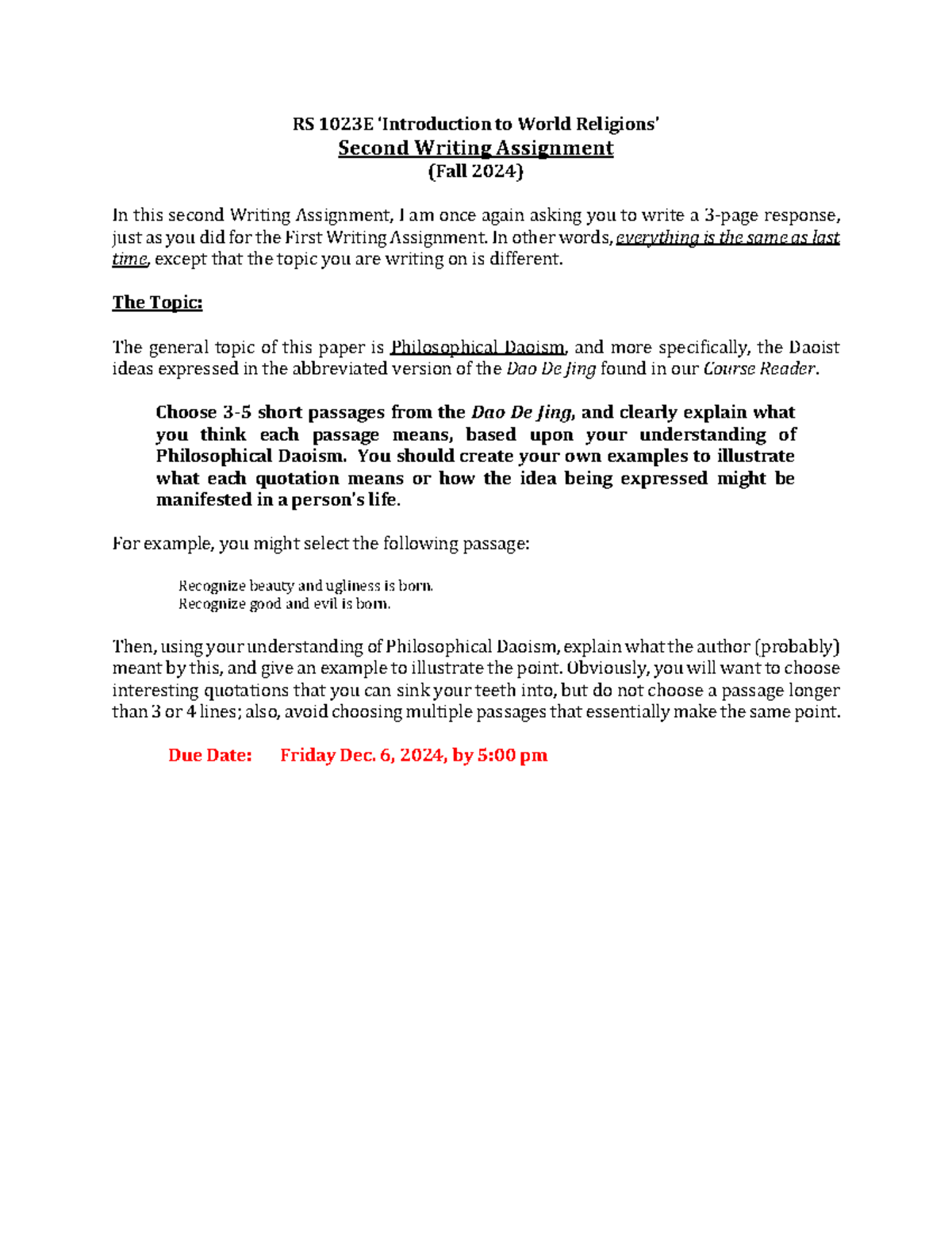 RS 1023E Philosophical Daoism Writing Assignment (Due Dec 6, 2024 ...