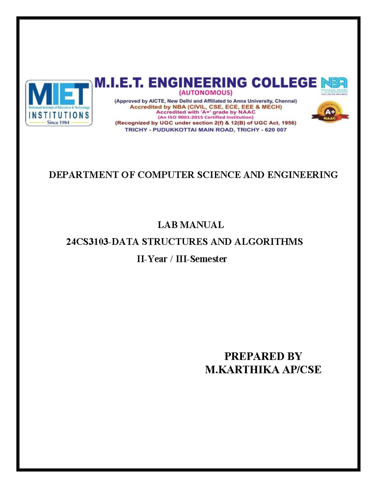 24CS3103-DSA Lab Manual: Structures & Algorithms Experiments - Studocu