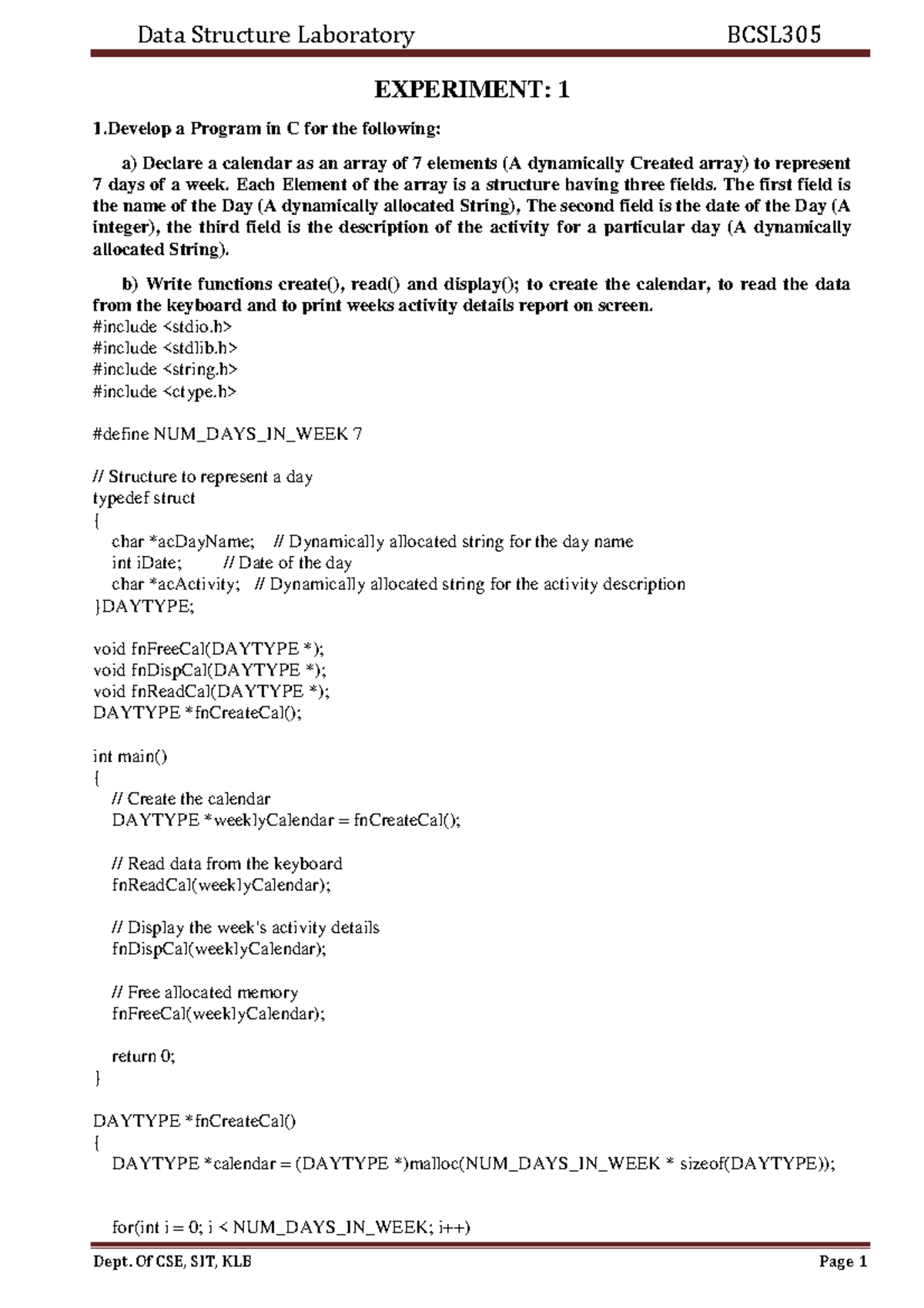 DSA LAB Manual 2023-24 - ....... - EXPERIMENT: 1 1 a Program in C for the following: a) Declare ...
