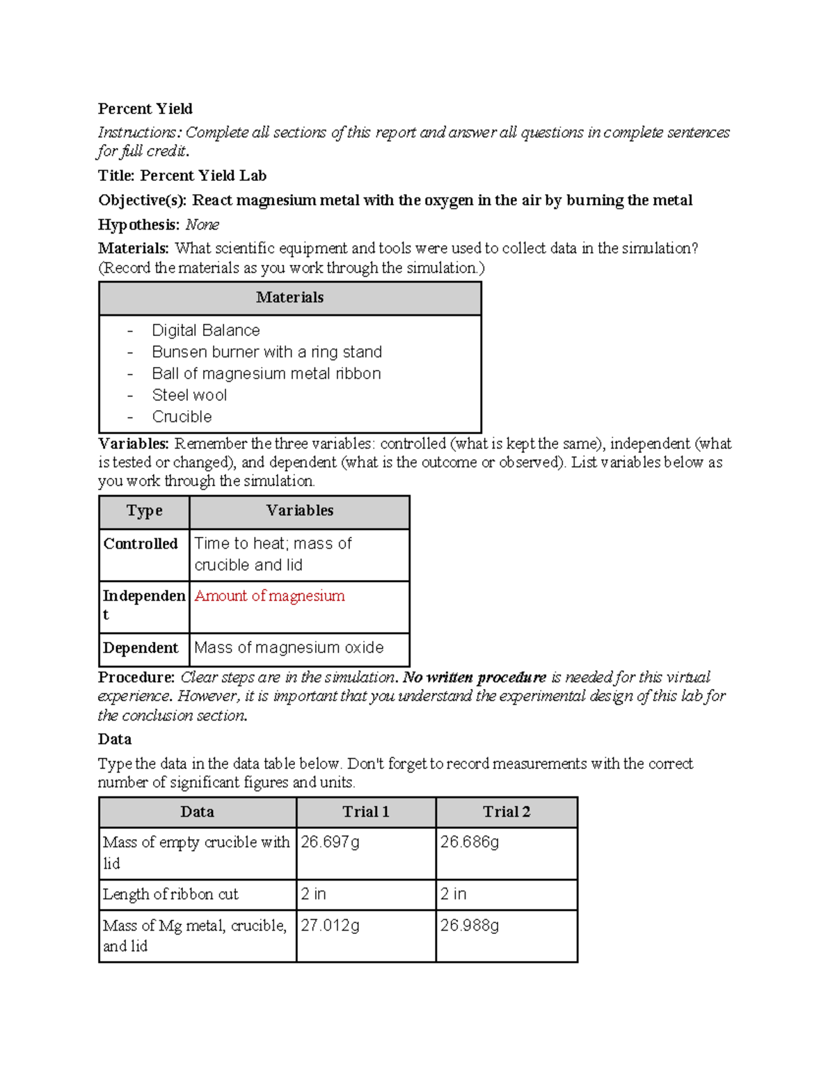 Percent Yield Lab Report - CHEM 101 - Ayden Macomson - Studocu